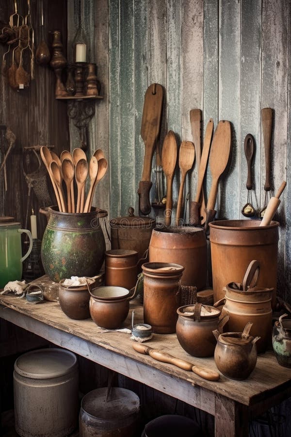 Vintage Wooden Kitchen Utensils on Rustic Table Stock Illustration ...