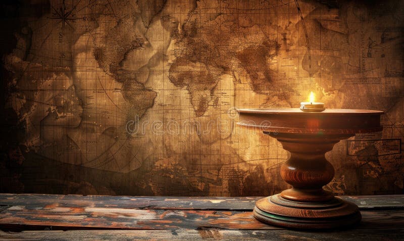 Vintage Wooden Pedestal with Weathered Texture, Old Map Tabletop ...