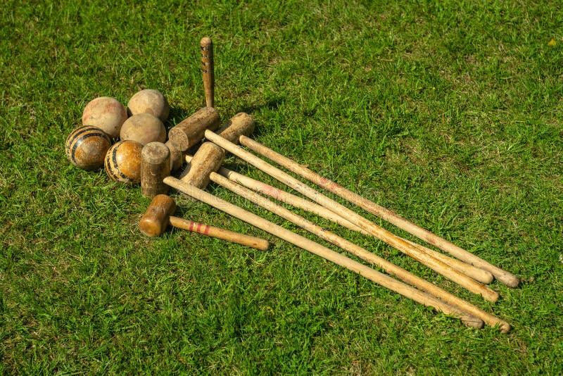 Vintage Wooden Set for a Game of Croquet on Green Grass Stock Photo ...