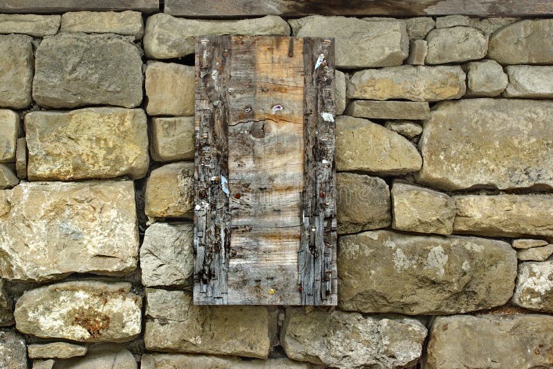 Vintage Wooden Signboard on Old Stone Wall Stock Image - Image of empty ...