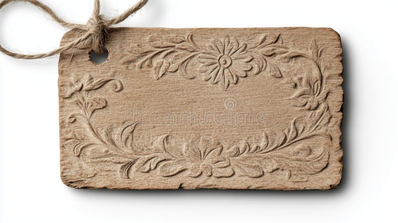 Vintage Wooden Tag with Floral Engraving and Rustic String Loop Stock ...