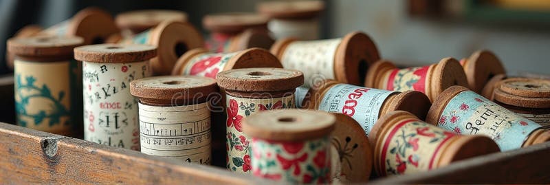 Vintage Wooden Thread Spools in a Rustic Box with Various Patterns ...