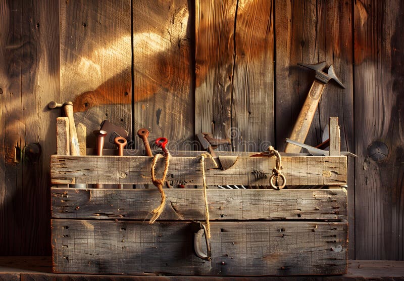 Vintage Wooden Toolbox with Tools on Barn Wall Stock Illustration ...