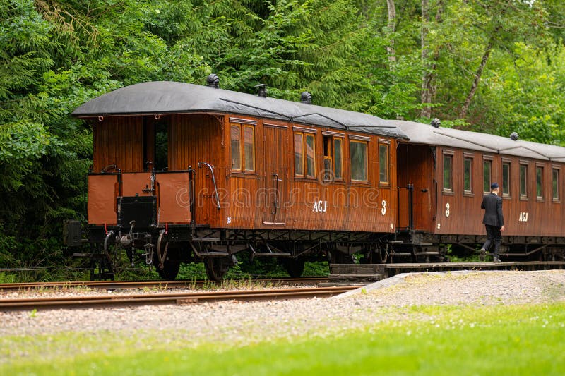 Vintage Wooden Train Carriages Moving through a Forest Track.. Stock ...