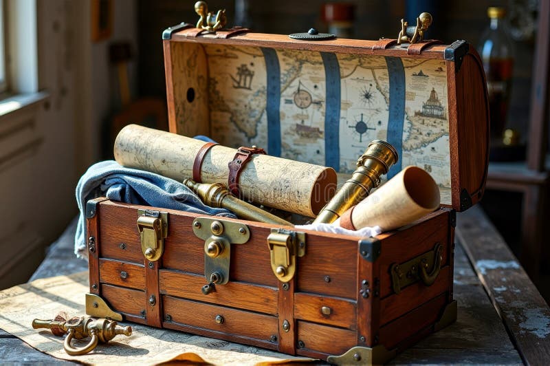 Vintage Wooden Treasure Chest with Maps and Telescope on Rustic Table ...