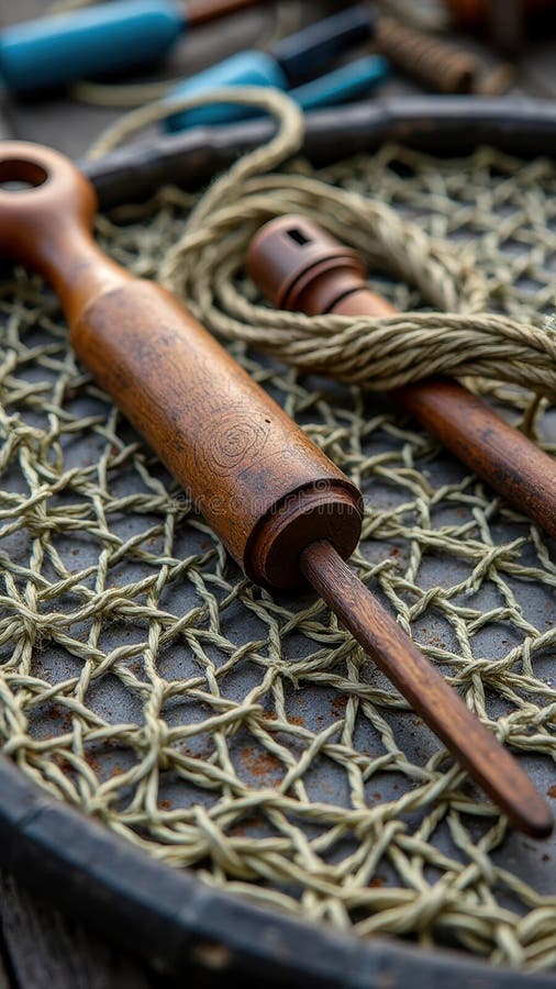 Vintage Wooden Yarn Tool with Crochet Net and Rustic Rope in Workshop ...
