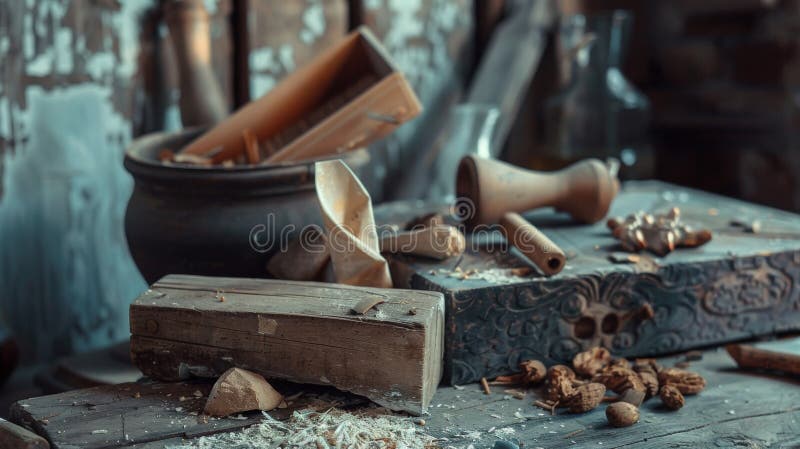 Old Woodworking Tools on Rustic Table Stock Image - Image of ...