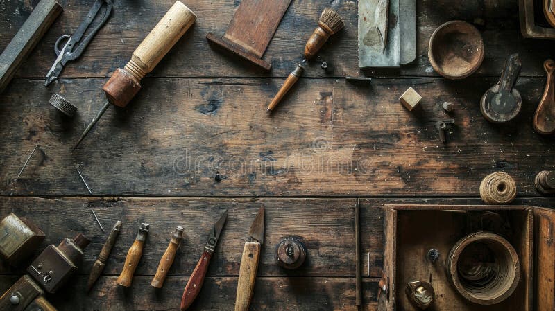 Vintage Woodworking Tools on Rustic Wooden Workbench Stock Photo ...