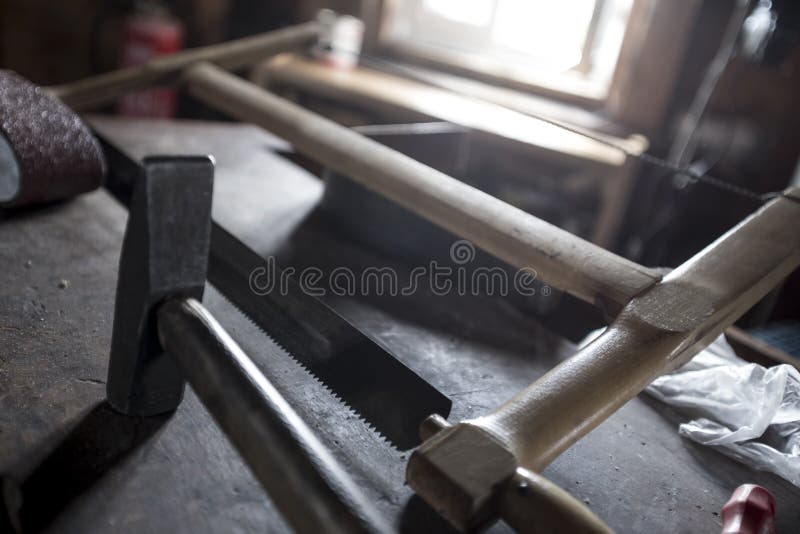 Workbench, Hammer and Nails. Joinery Craft, Carpentry Background. Tools ...