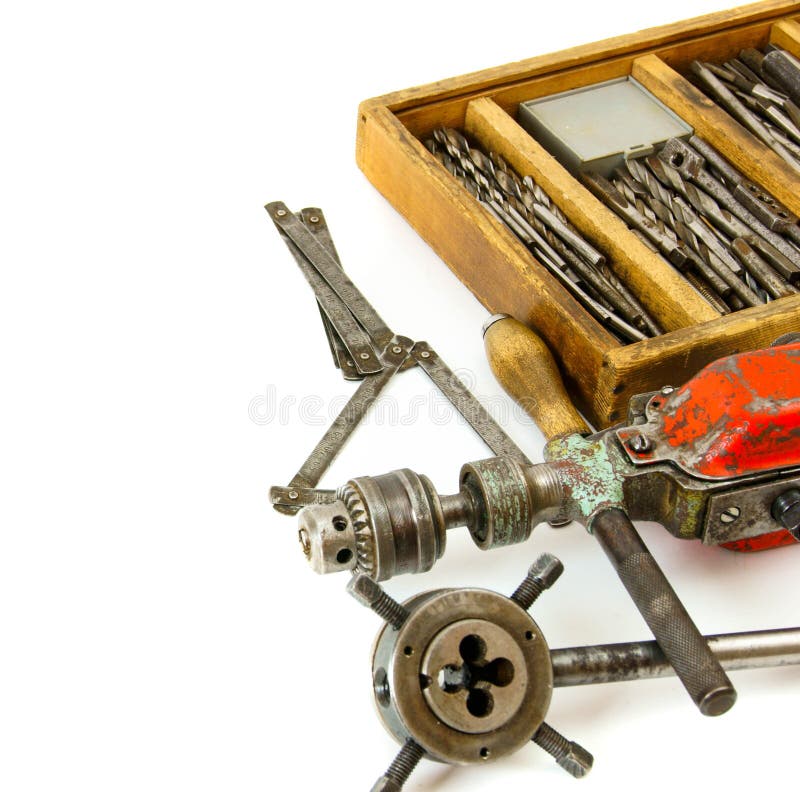 Vintage Working Tools ( Drill and More) on White Stock Photo - Image of ...