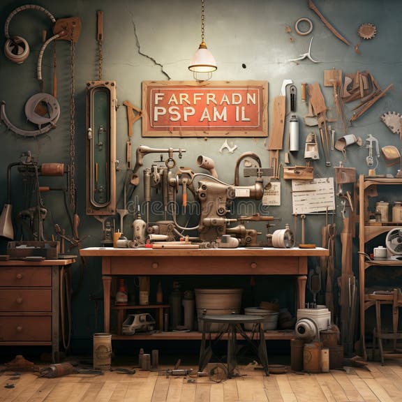 Vintage Workshop Interior with Lathe Machine and Assorted Tools, a Nostalgic Scene of ...