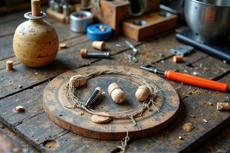 Vintage Workshop with Rustic Tools and Wooden Crafts on a Wooden Table ...
