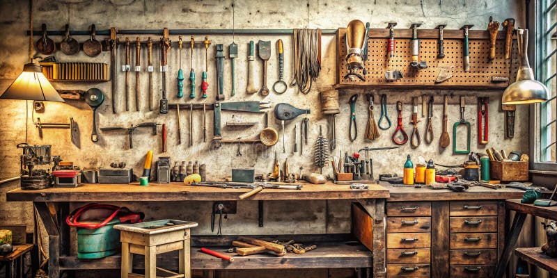 Vintage Workshop Tools on Hanging Wall Stock Illustration ...