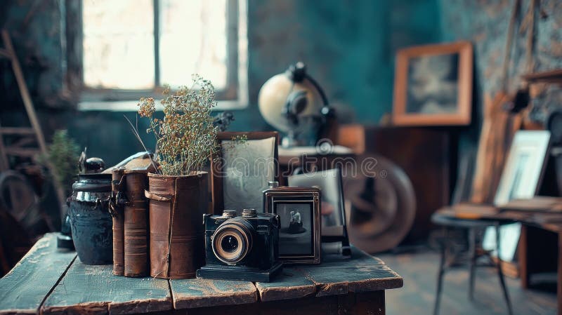 Vintage Workspace with Antique Camera and Books Stock Photo - Image of ...