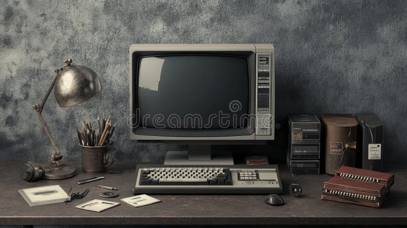 Vintage Workspace Featuring an Old Computer, Desk Lamp, Stationery, and ...
