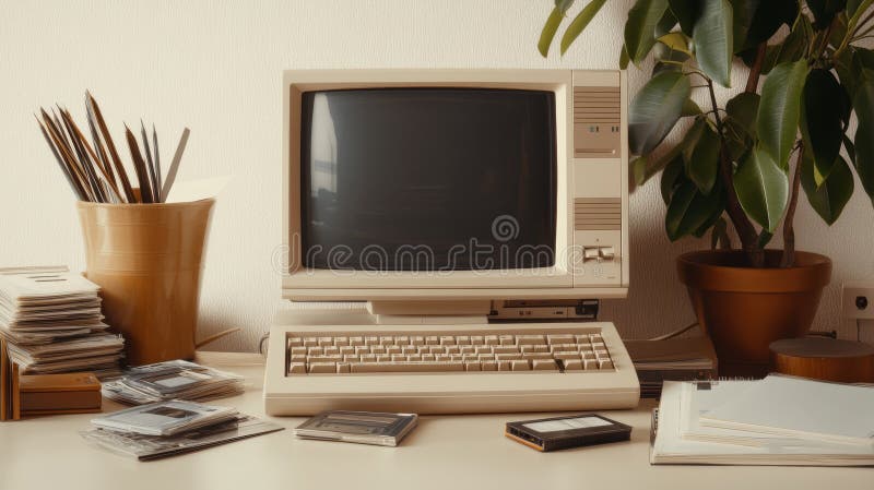 Vintage Workspace Featuring an Old Computer, Stacks of Disks ...