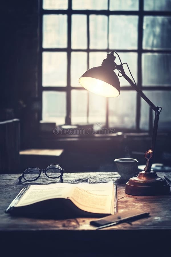 Vintage Workspace with Open Book, Lit by Warm Lamp Light, Rustic ...