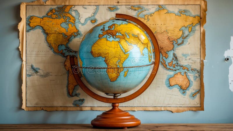 Vintage World Globe Displayed in Front of a Faded Retro Map Hanging on ...