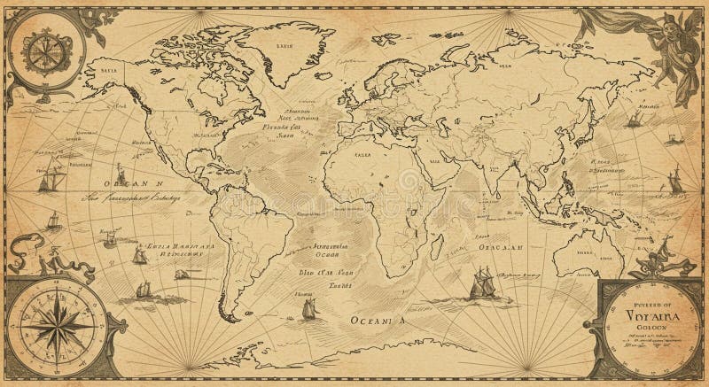 Vintage World Map with an Aged Parchment Appearance Featuring Detailed ...