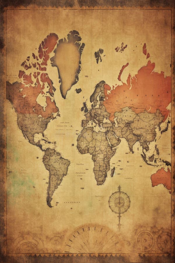 Vintage World Map on Aged Parchment Stock Illustration - Illustration ...
