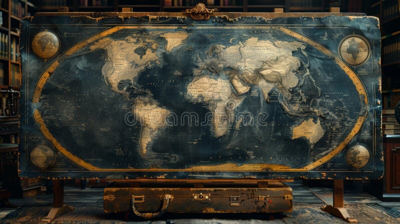 Vintage World Map in Antique Library - Generative AI Stock Illustration ...