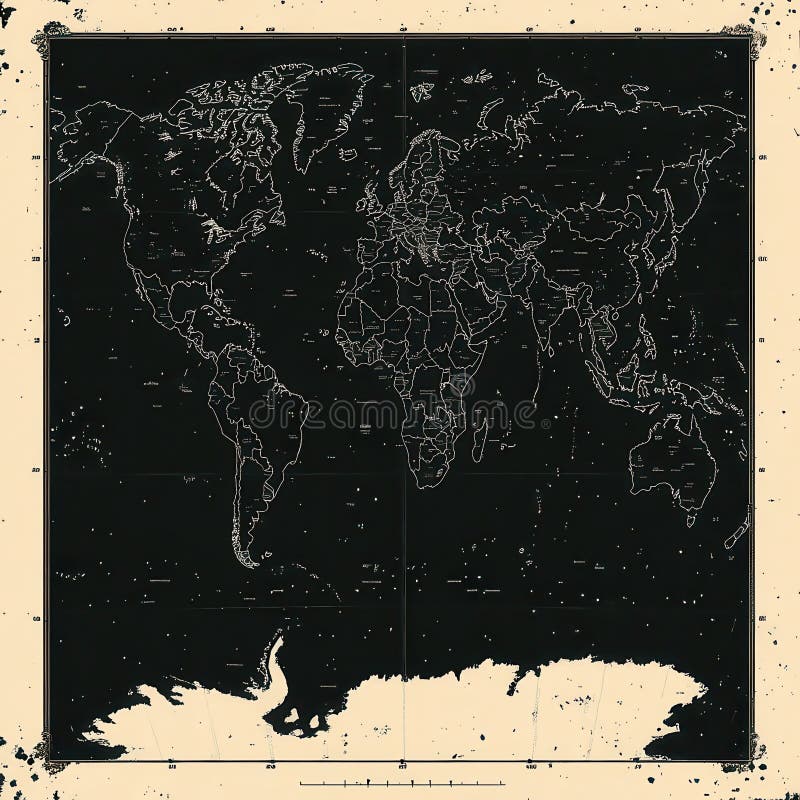 Vintage World Map Black and White Antique Style Geography Stock ...