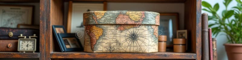 Vintage World Map Box on Wooden Bookshelf with Clocks and Frames in ...