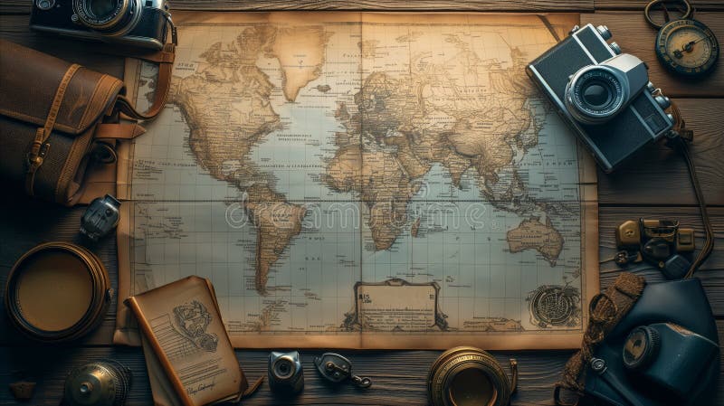 Vintage World Map with Camera and Other Items Stock Illustration ...