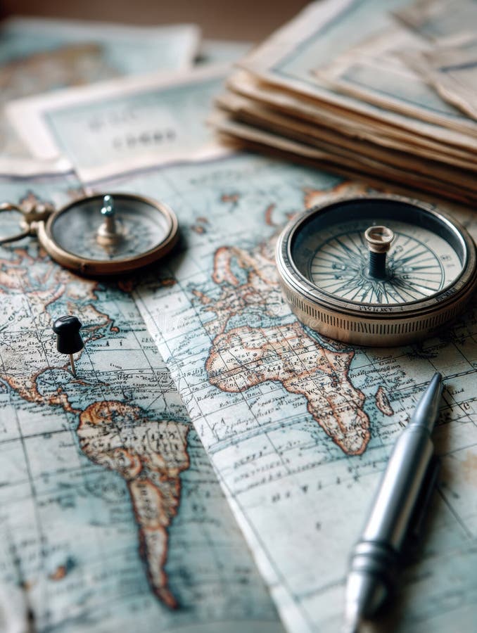 Exploration Tools on a Vintage World Map with a Compass and Marker Laid ...