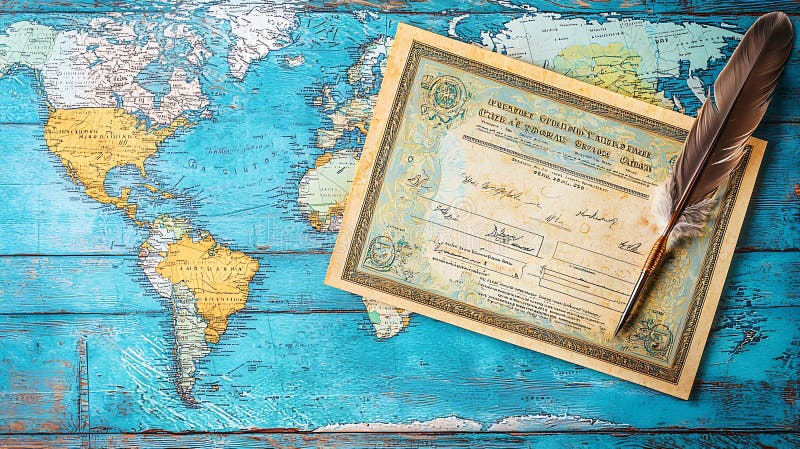Vintage World Map Certificate Pen Em Madeira Azul Imagem de Stock ...