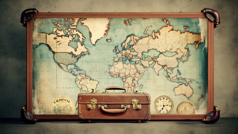 Vintage World Map and Classic Leather Suitcase on a Grunge Background ...
