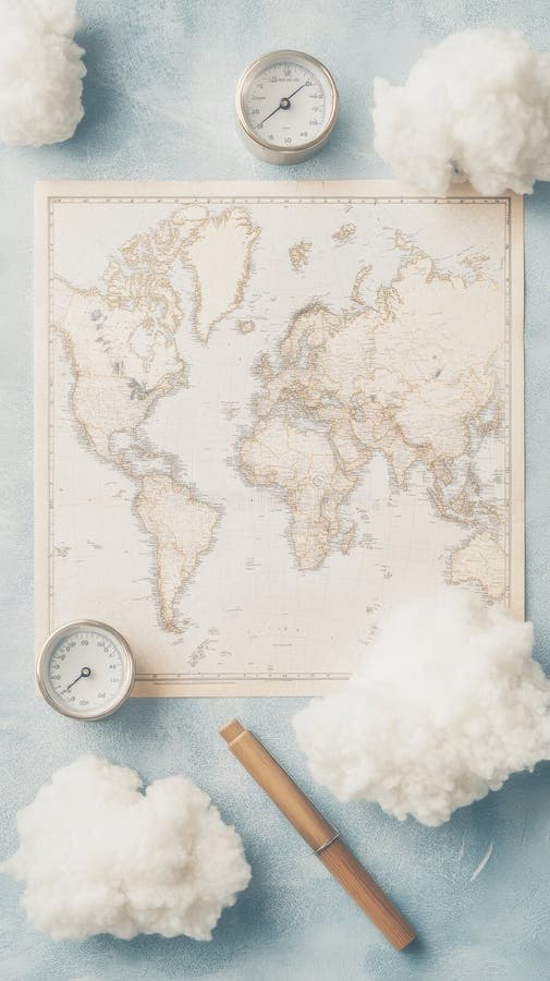 Vintage World Map with Clouds and Compass on Textured Blue Background ...
