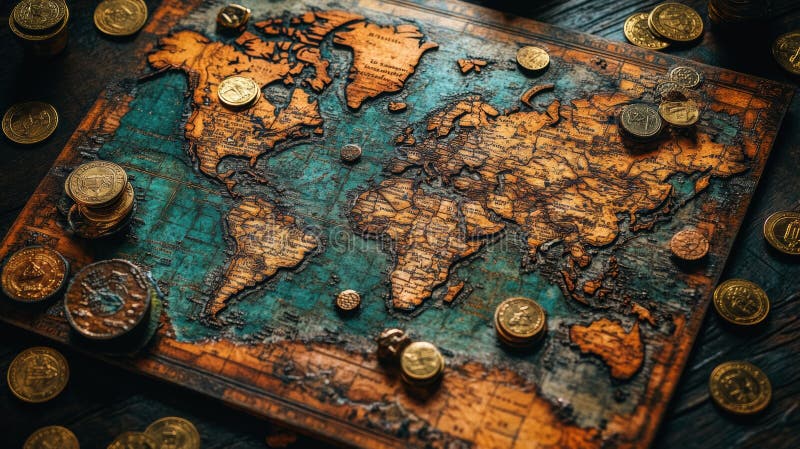 Vintage World Map with Coins on a Dark Wooden Background - Generative ...