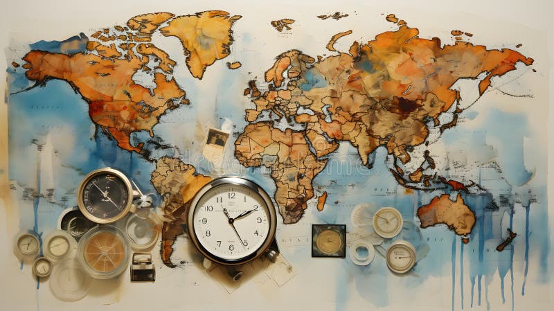 Vintage World Map with Compass, Clock and Other Objects on Grunge ...