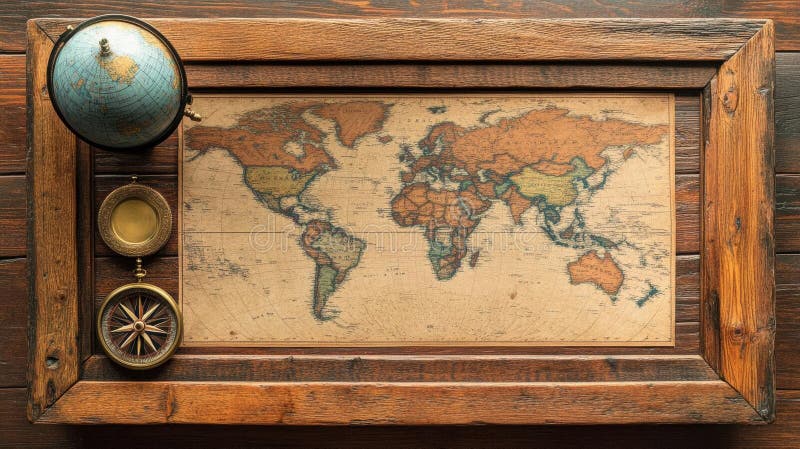 Vintage World Map with Compass and Globe Stock Photo - Image of ...