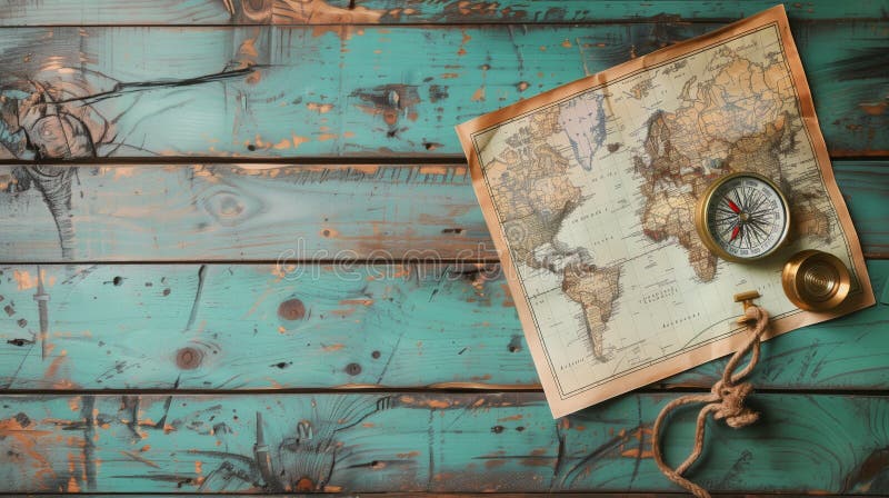 A Vintage World Map and Compass Lay on a Weathered Blue Wooden Surface ...
