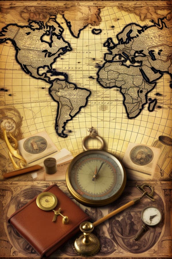 Vintage World Map with Compass and Magnifying Glass Stock Illustration ...