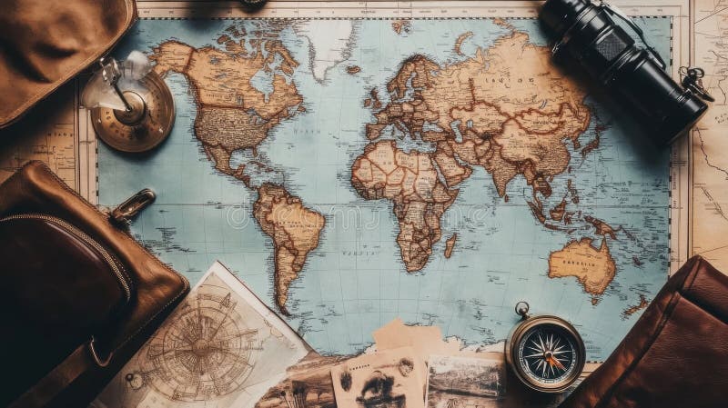 Vintage World Map with a Compass and Travel Items Stock Illustration ...