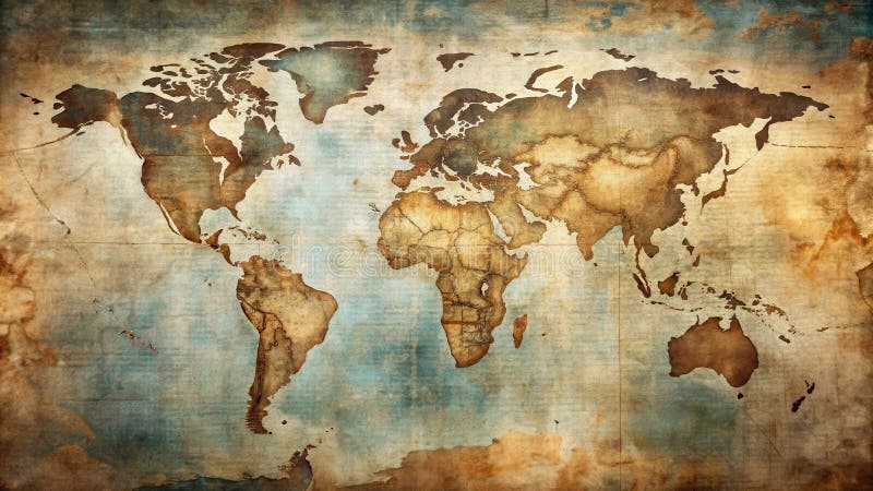 A Vintage World Map Depicting Continents and Oceans with Aged Texture ...