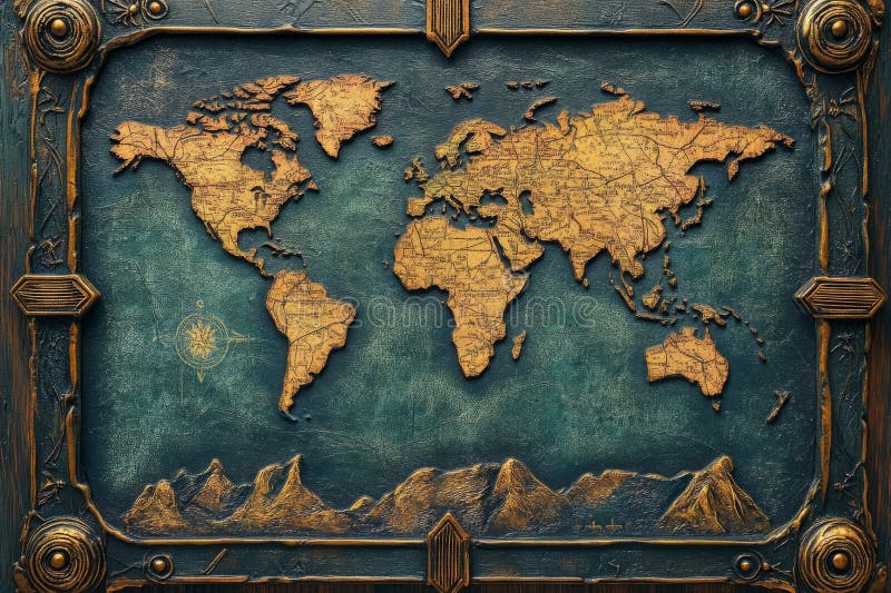 Vintage World Map Embossed on a Decorative Panel, Featuring Continents ...