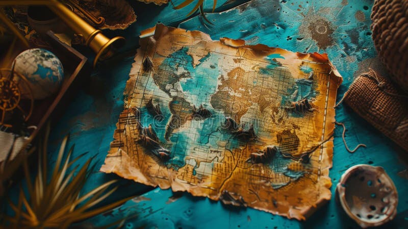 Vintage World Map and Exploration.Charting the Past Stock Illustration ...