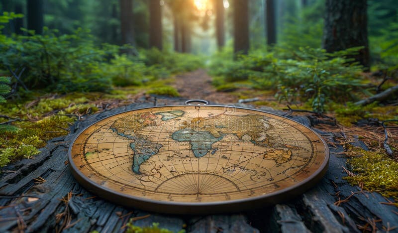 Vintage World Map in a Forest. a Vintage World Map Lies on a Fallen Log ...