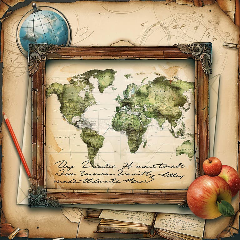 Vintage World Map Framed with Apples, Globe, and Writing Stock Image ...