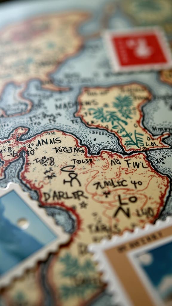 Vintage World Map with Handwritten Annotations and Stamps Stock Image ...