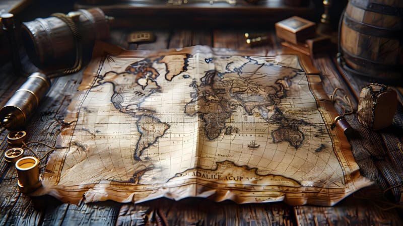 Vintage World Map Illustration with Nautical Objects on Wooden Table Stock Illustration ...