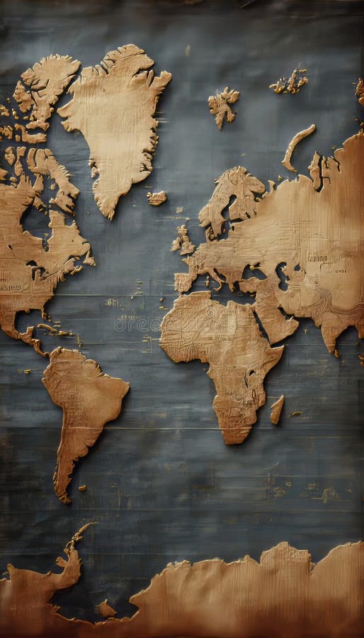 Vintage World Map Illustration on Old Worn Paper with Grungy Textures ...