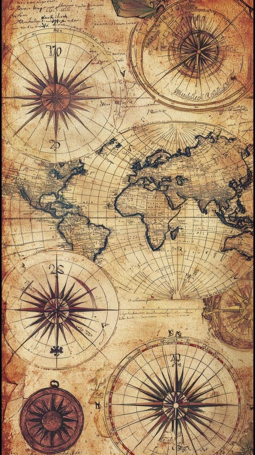 Vintage World Map with Intricate Compass Rose Designs and Weathered ...