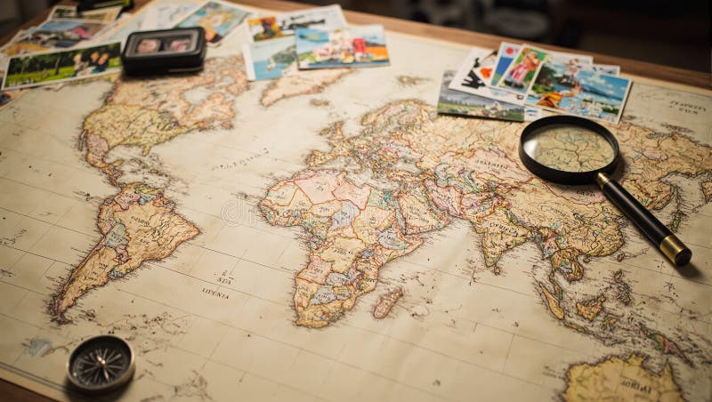 Vintage World Map with Magnifying Glass Compass and Postcards on Table ...