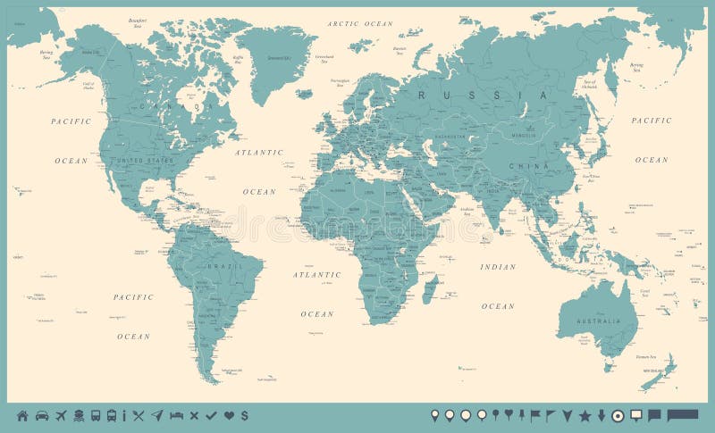 Vintage World Map and Markers - Vector Illustration Stock Illustration ...