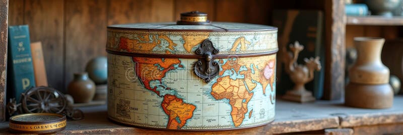 Vintage World Map Storage Box on Wooden Shelf with Books and Antique ...